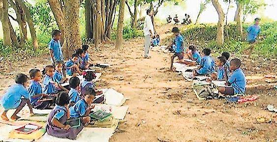 Classes going on under trees for past two years in this Andhra school