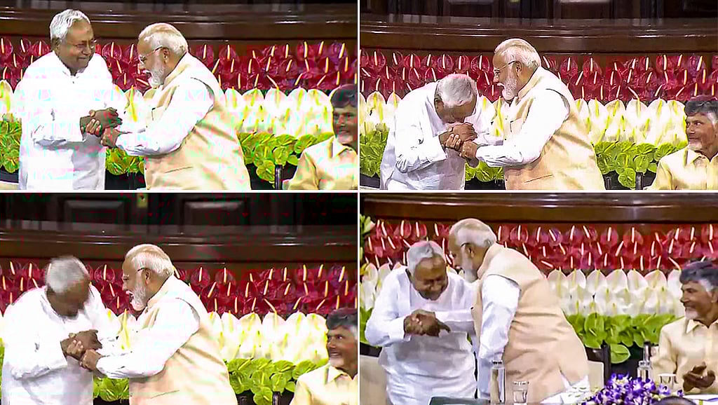 Flutter as ‘kingmaker’ Nitish Kumar tries to touch Modi’s feet