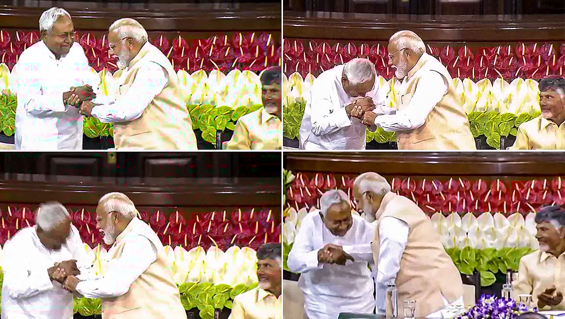 Flutter as ‘kingmaker’ Nitish Kumar tries to touch Modi’s feet