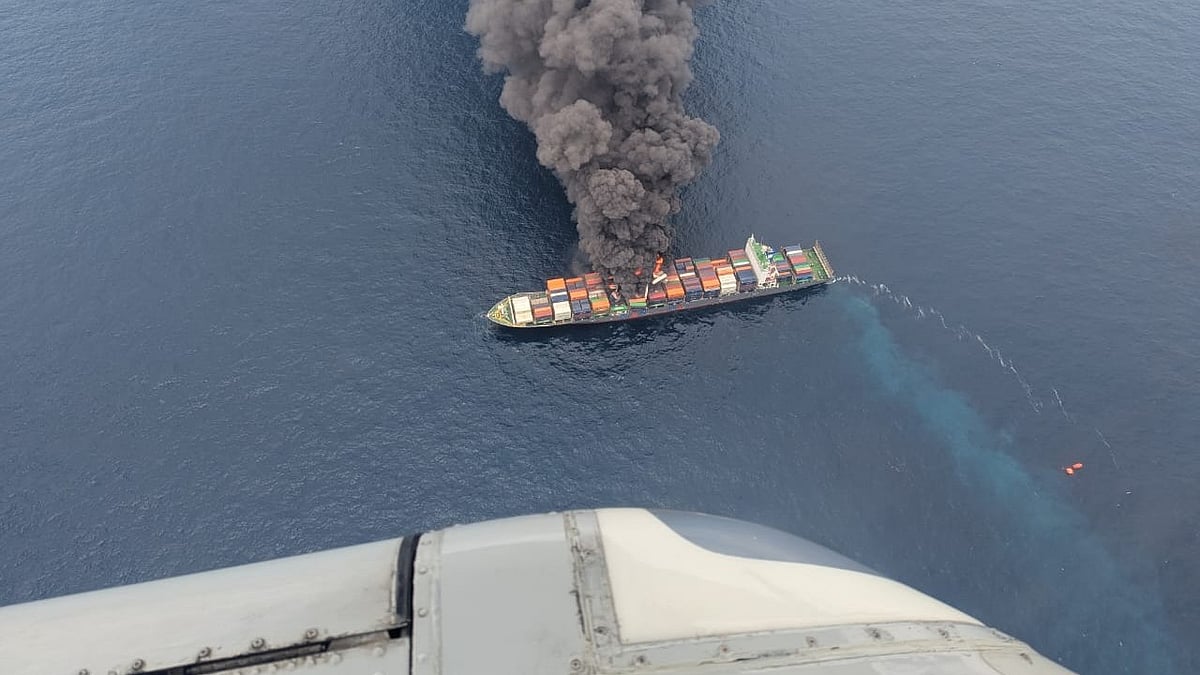 Container ship catches fire off Kerala coast; Navy, Coast Guard rescue ...