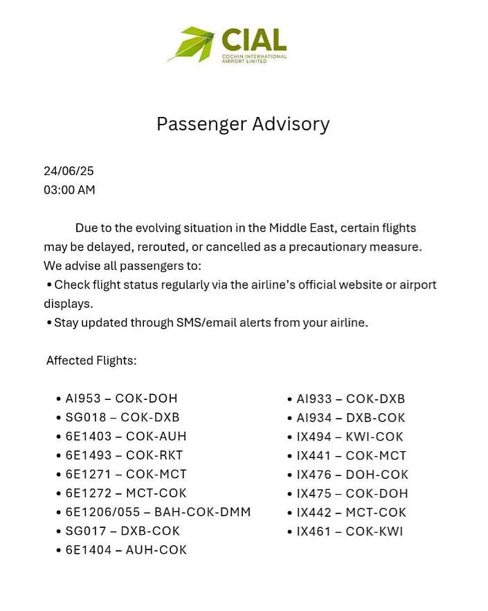 Middle East crisis: Several flights from Kerala to Gulf sector cancelled