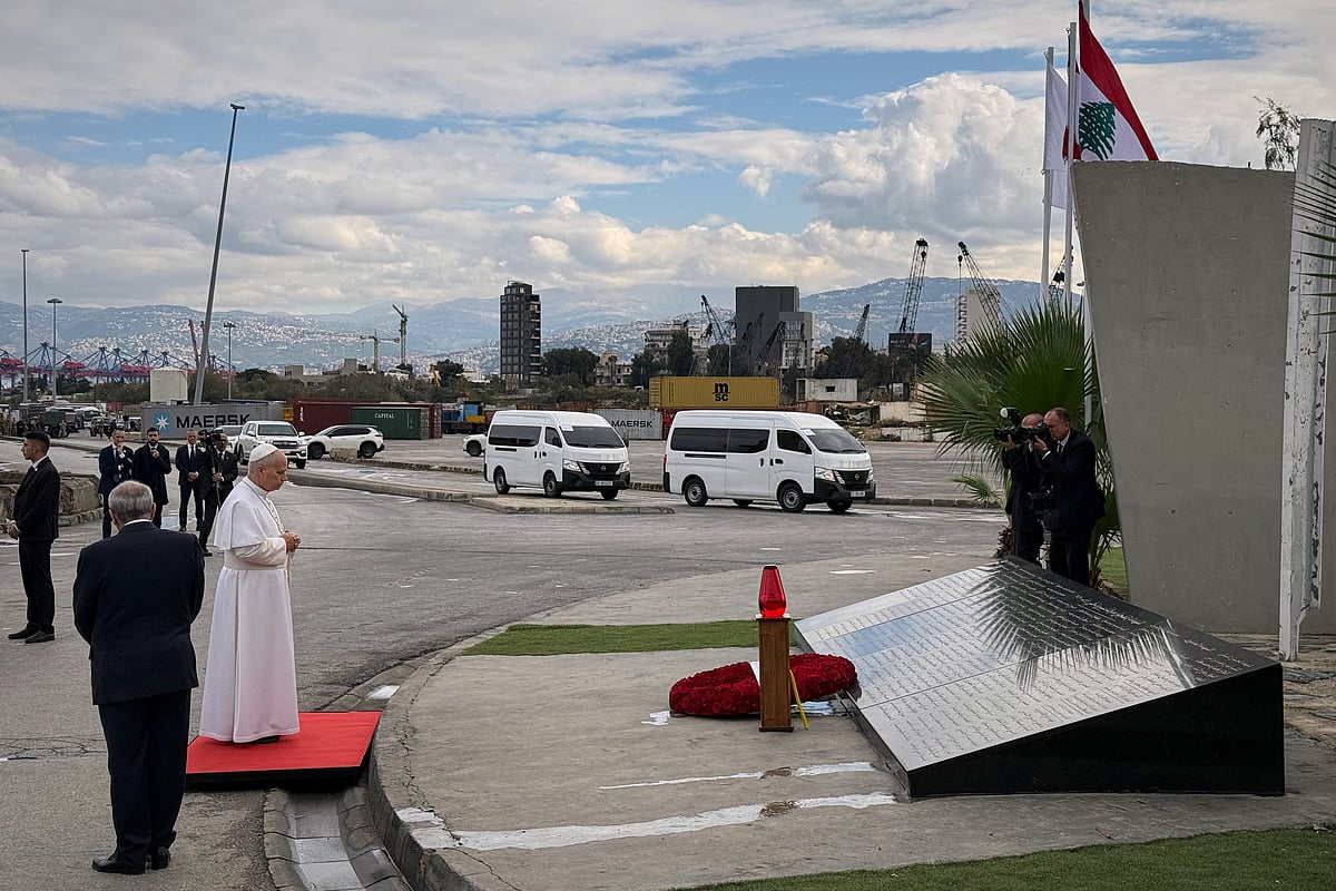 Pope Leo prays at site of 2020 Beirut port explosion, consoles ...