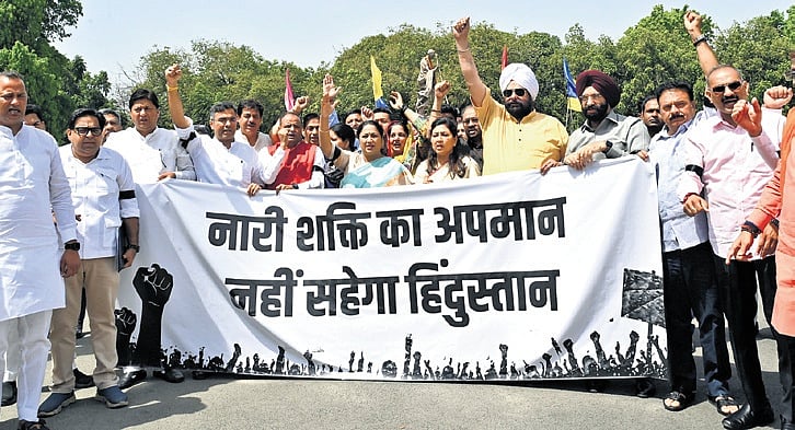 CM Rekha Gupta leads BJP protest in Delhi Assembly over women’s ...